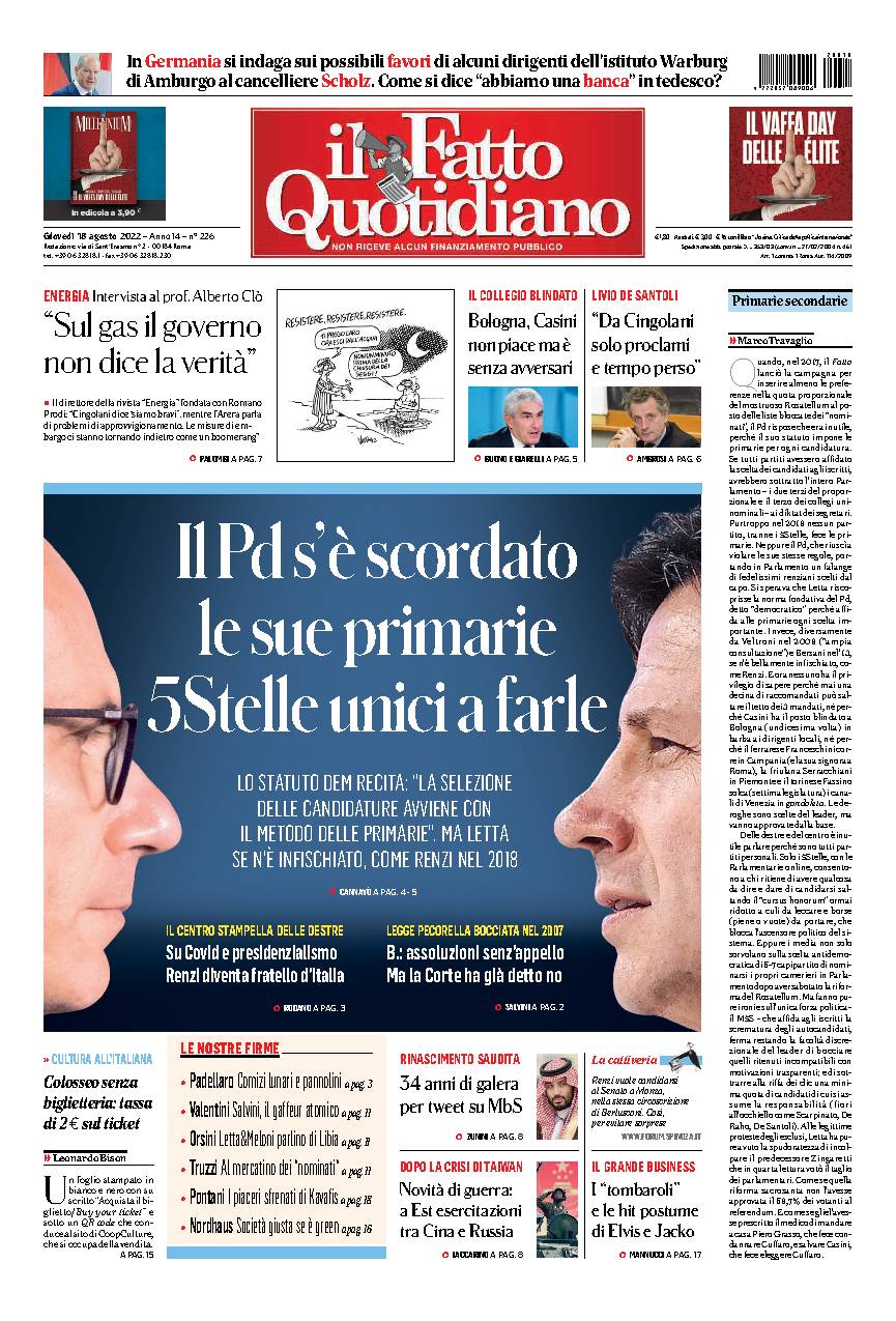 giovedì 18 Agosto 2022 - Il Fatto Quotidiano